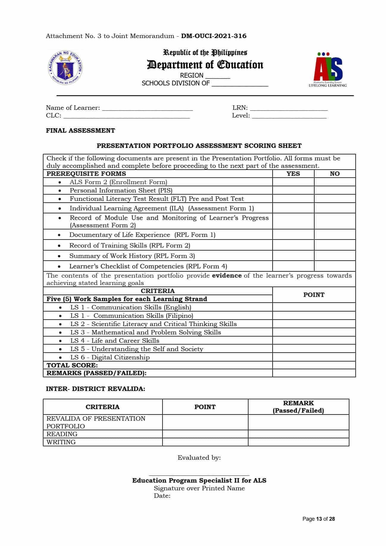 Guidelines On The Conduct Of Presentation Portfolio Assessment For ALS Guidelines On The Conduct Of Presentation Portfolio Assessment For ALS