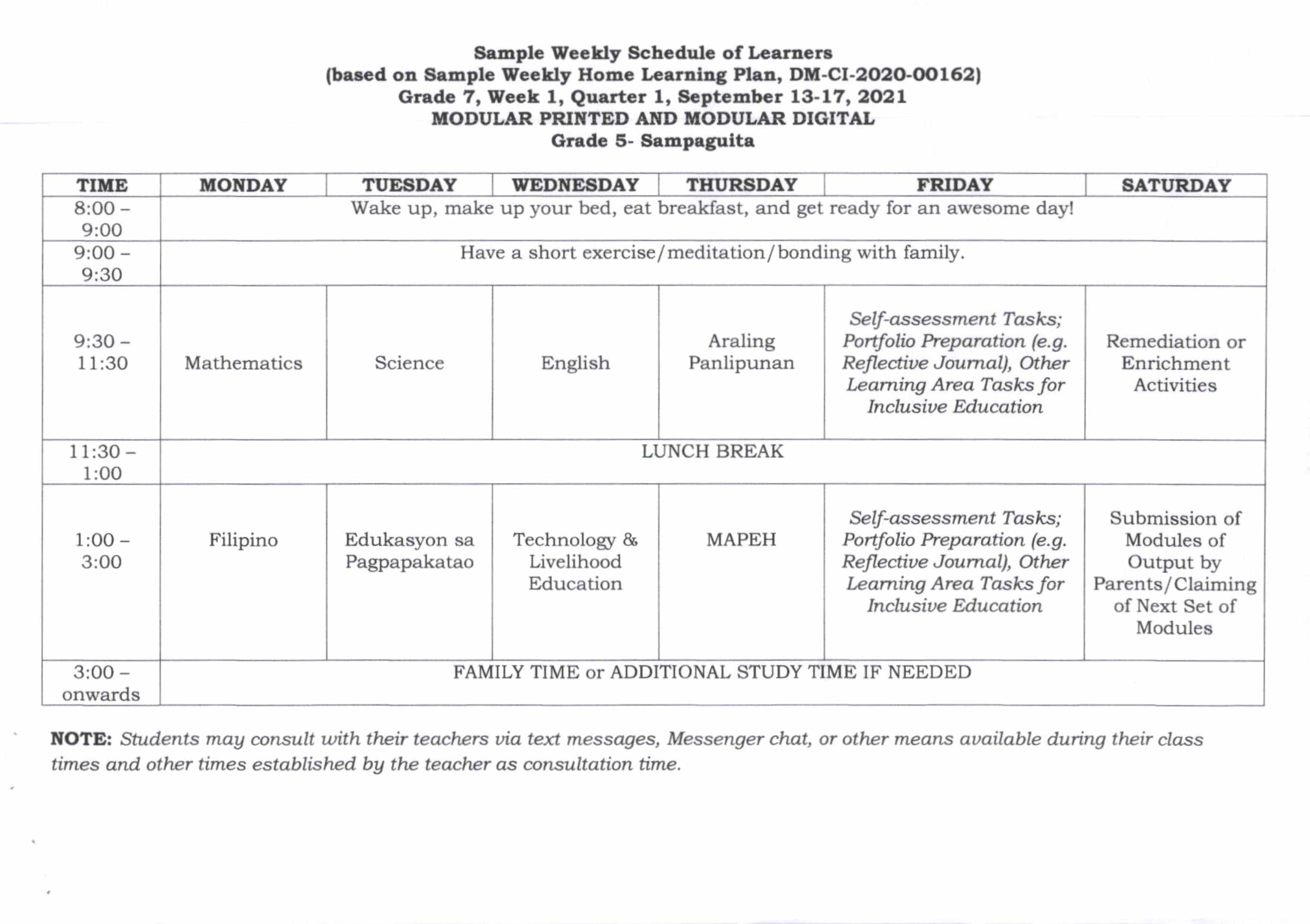 DepEd General Guidelines On Class And Teacher Programs Schedules 