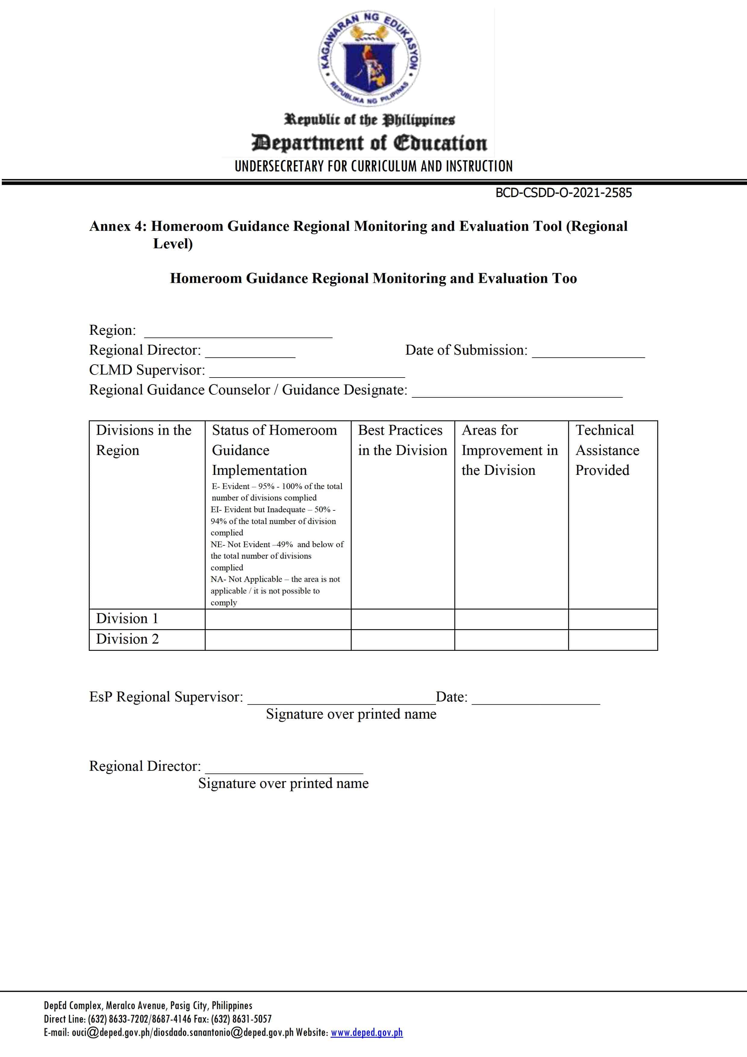 DepEd Homeroom Guidance Regional Monitoring And Evaluation Tool TeacherPH