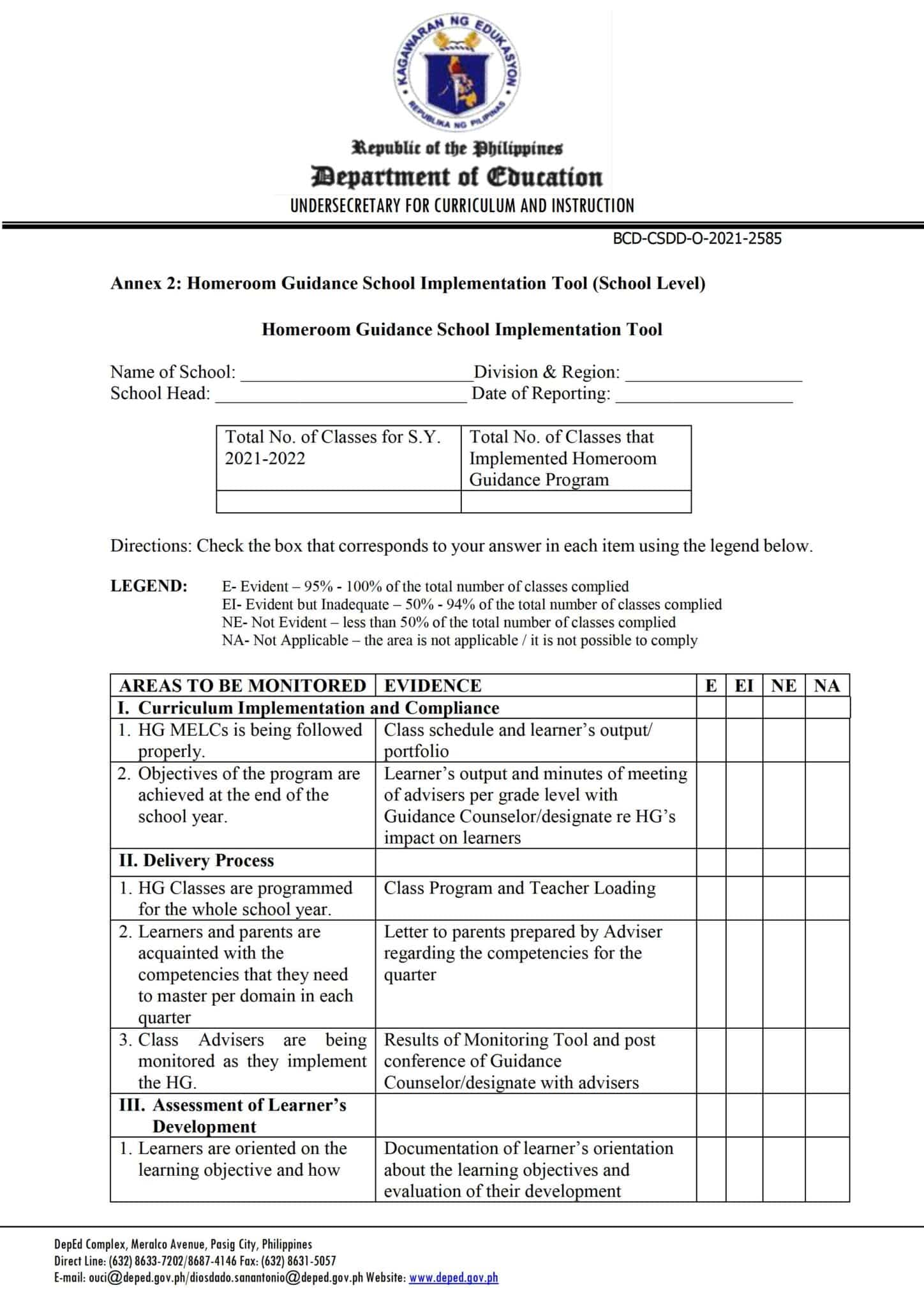 DepEd Homeroom Guidance School Implementation Tool (School Level ... DepEd Homeroom Guidance School Implementation Tool (School Level ...