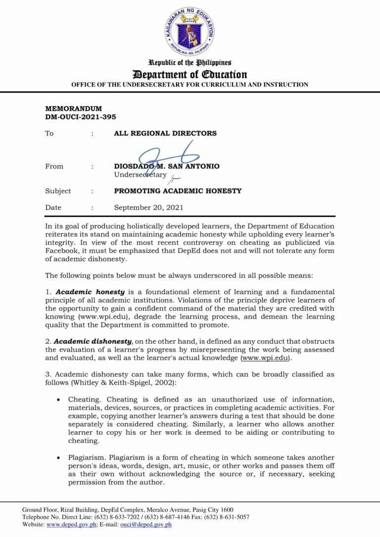 DepEd Memorandum on Promoting Academic Honesty - TeacherPH