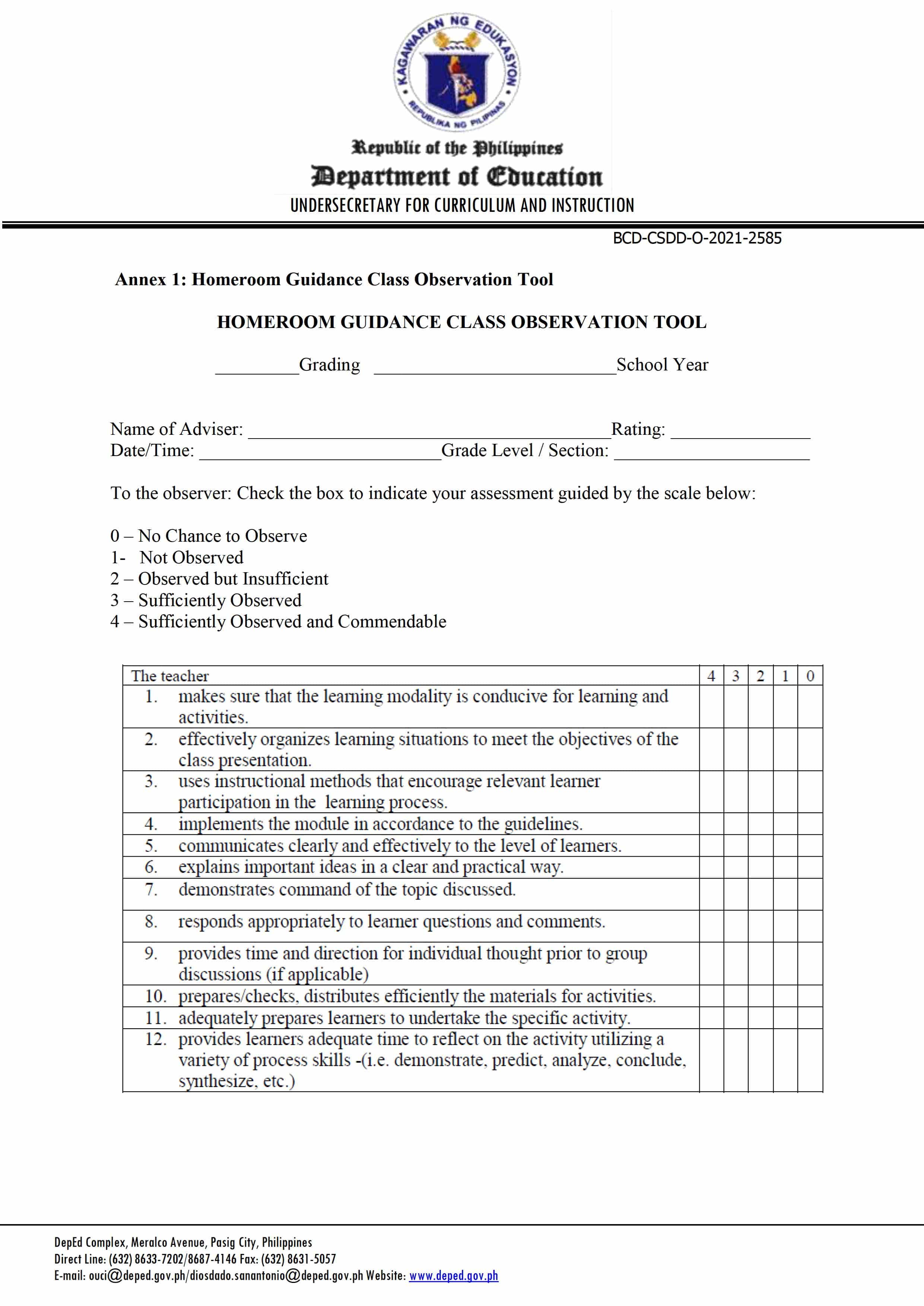 DepEd Homeroom Guidance Class Observation Tool For School Year 2021