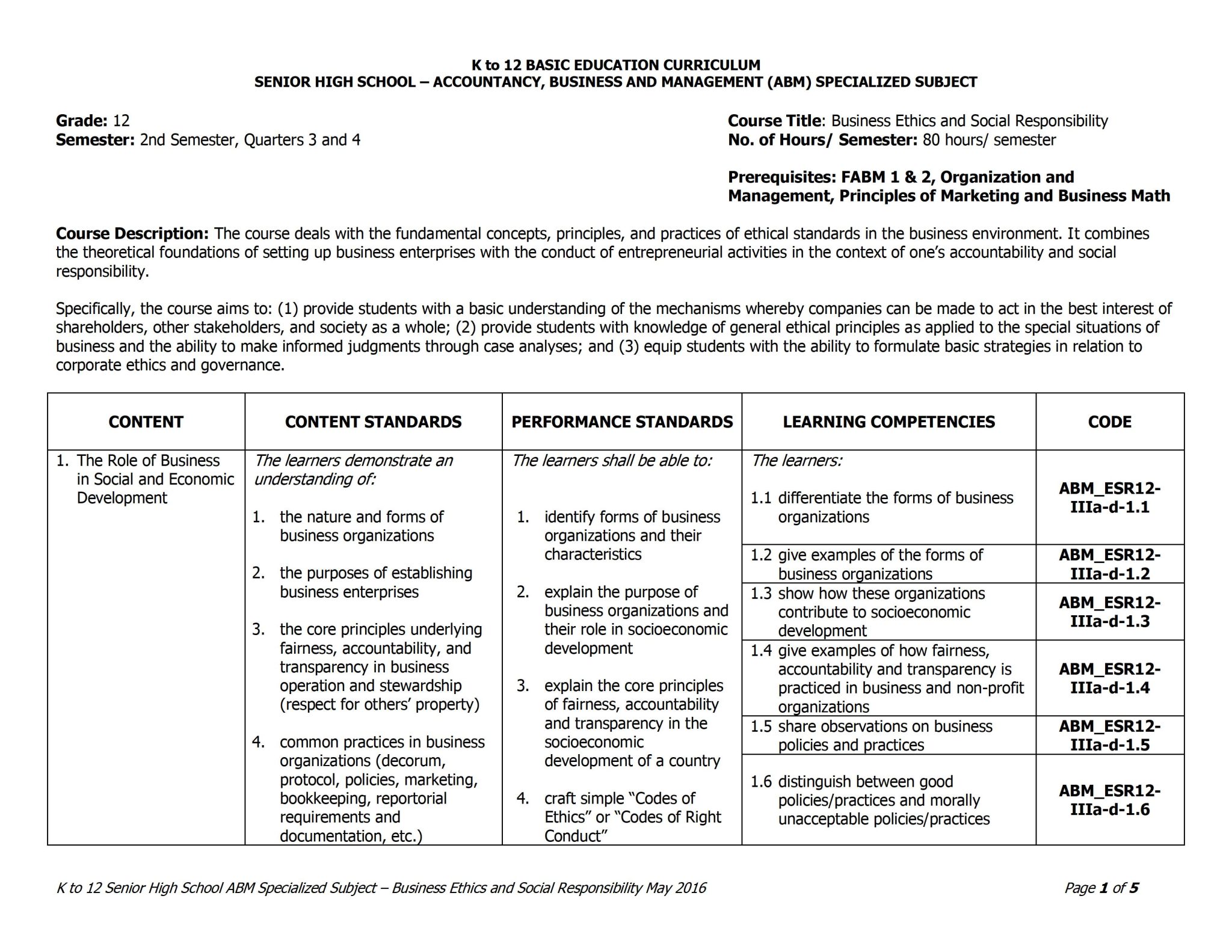 Grade 12 Business Ethics and Social Responsibility Curriculum Guide ...