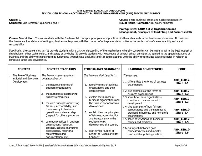 Grade 12 Business Ethics and Social Responsibility Curriculum Guide ...