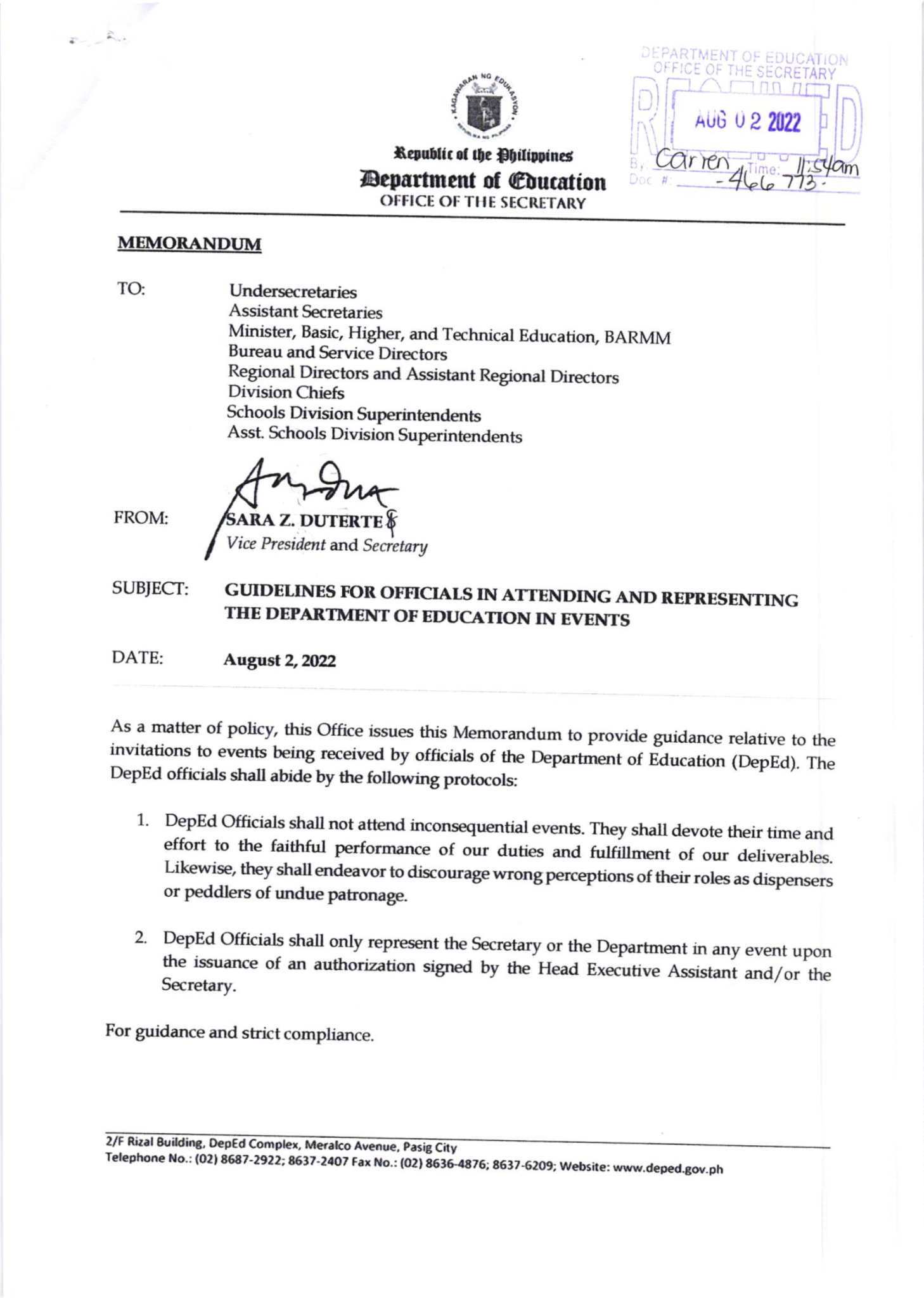 Guidelines for Officials Attending and Representing DepEd in Events ...